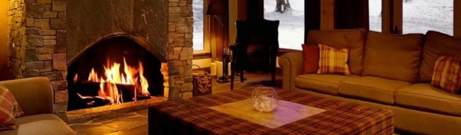 winter cabin with fire