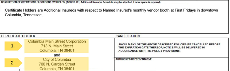 Certificate of Insurance - Columbia Main Street