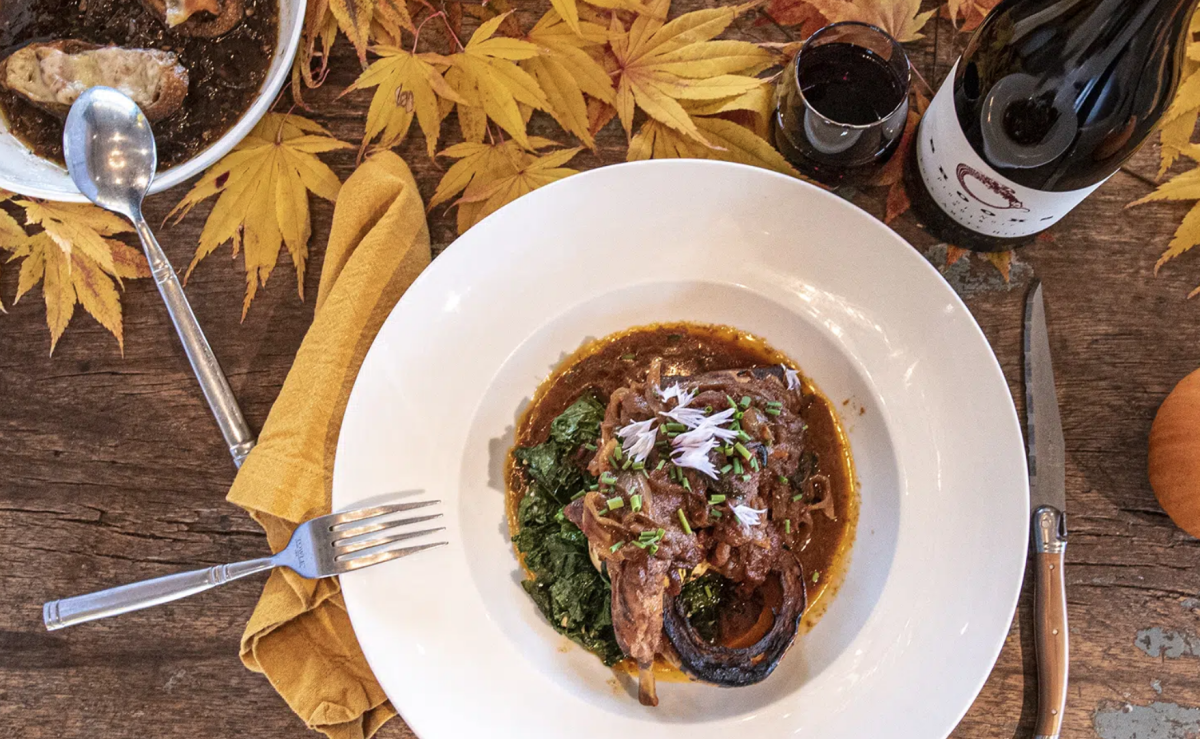 Braised Rabbit with Delicata Squash, Tomato & Kale