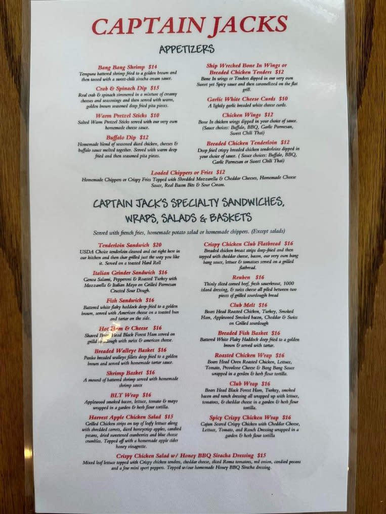 Captain Jacks Menu